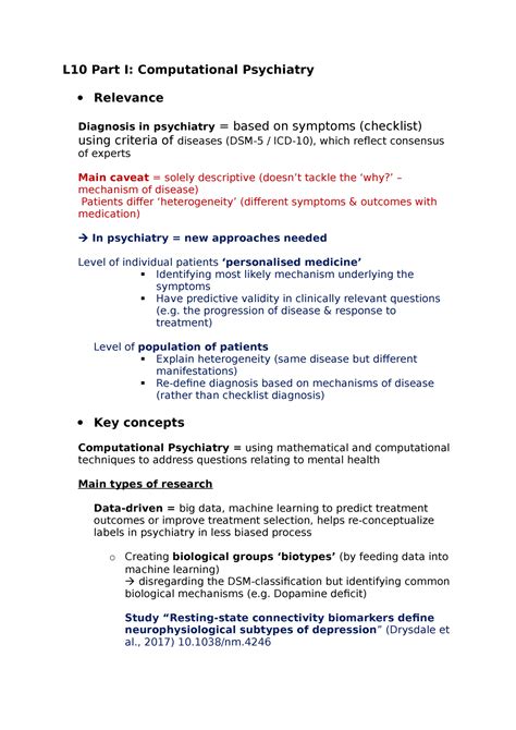 L10 Part I Computational Psychiatry The Progression Of Disease And Response To Treatment Level