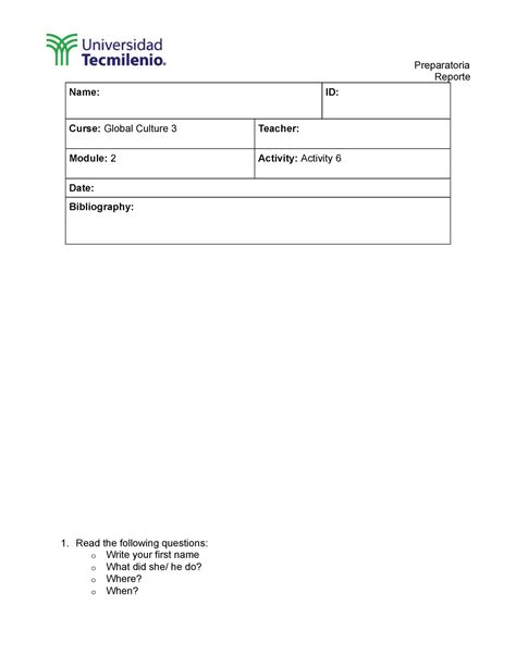 Activity 6 1 Read The Following Questions O Write Your First Name O