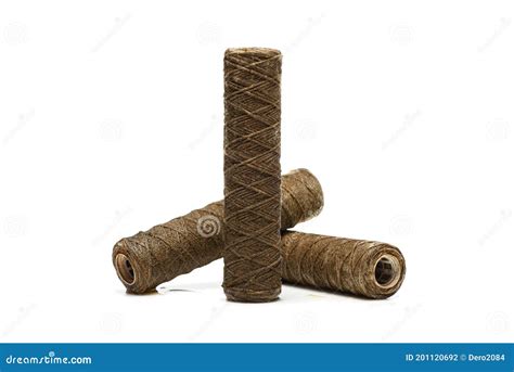 Three Used Rope Water Filters On White Clogged And Dirty String Water