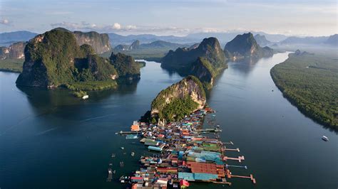 Aerial View Of Floating Village Ko Panyi And Limestone Mountains In