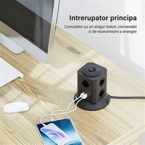 Удължителен кабел Safemore Tower С 2 Usb порта 2 порта Type C 4 8 A 6 Ac контакта Защита от