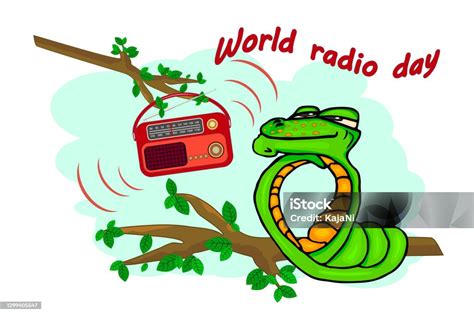흰색 배경에 고립 된 라디오와 뱀 나무 나뭇 가지에서 음악을 듣고 귀여운 녹색 뱀 우림에 대한 스톡 벡터 아트 및 기타 이미지 우림 팟캐스팅 고풍스런 Istock