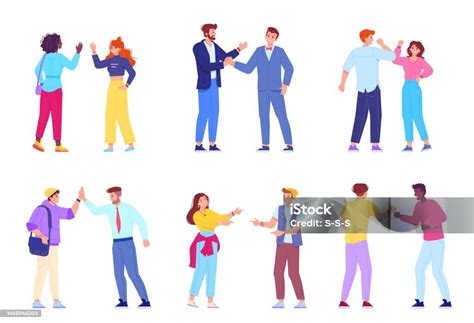 비공식적 인 인사말 행복 한 친구는 하이 파이브를 제공 하 고 인사 매너 긍정적 인 사람들 의사 소통 안녕 헤이 주먹 손 제스처