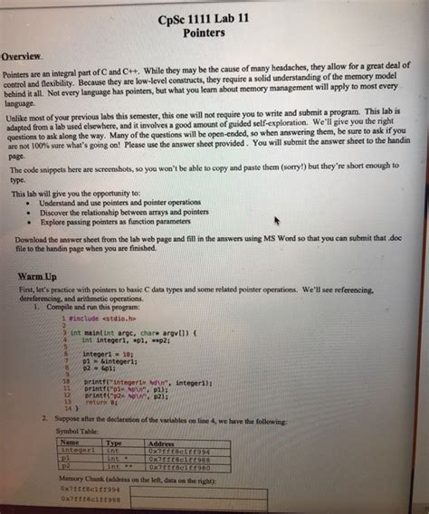 Solved Cpsc 1111 Lab 11 Pointers Overview Pointers Are An