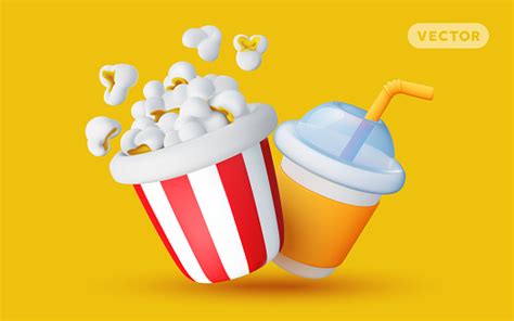 패스트 푸드 아이콘의 현실적인 세트의 벡터 그림입니다 팝콘 양동이와 콜라 음료 컵 와 빨대 통 통 바탕 패스트 푸드의 3d 만화 스타일 디자인 양동이와 소다 음료에서 비행