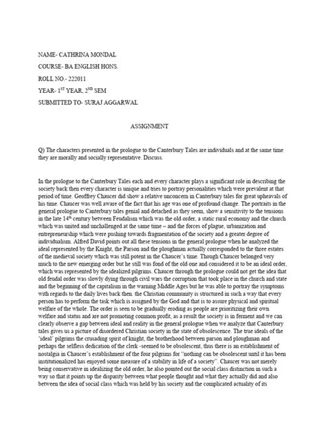 Sa Assignment By Cathrina Mondal 222011 Ba Hons English 1st Year
