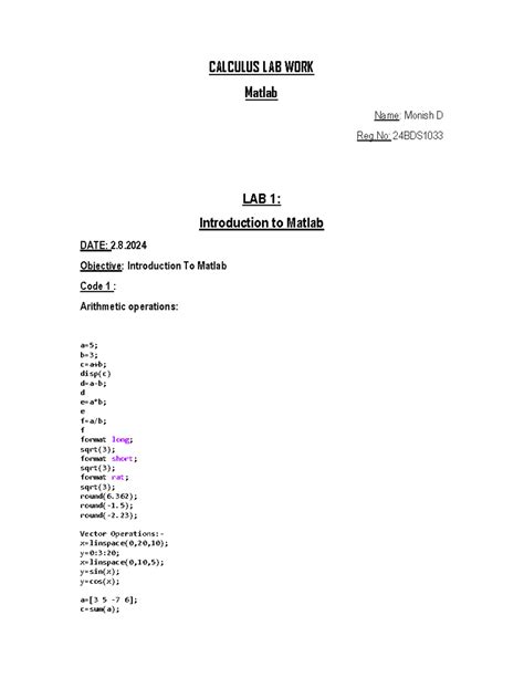 Calculus Lab Work Matlab Week1 5 Calculus Lab Work Matlab Name Monish D Reg 24bds Lab 1 Calculus Lab Work Matlab Week1 5 Calculus Lab Work Matlab Name Monish D Reg 24bds Lab 1