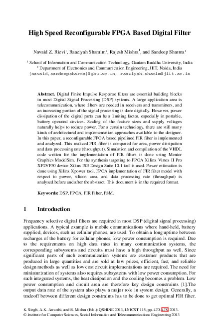 High Speed Reconfigurable Fpga Based Digital Filter
