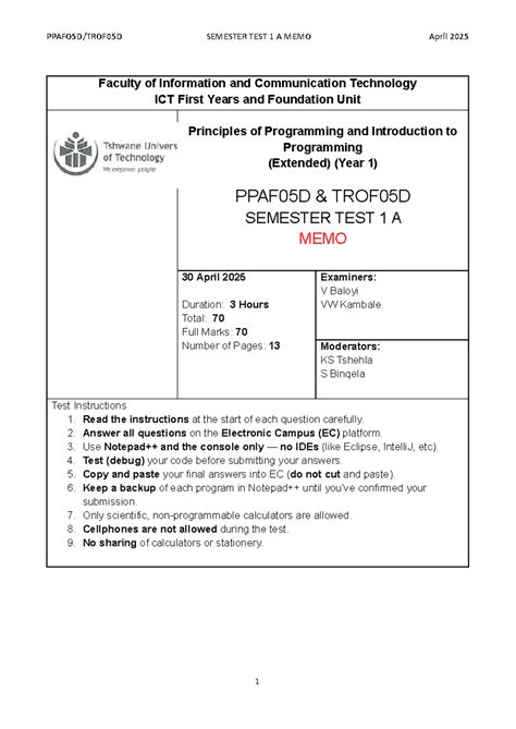 Semester Test 1a Memo Principles Of Programming Ppaf05d Trof05d