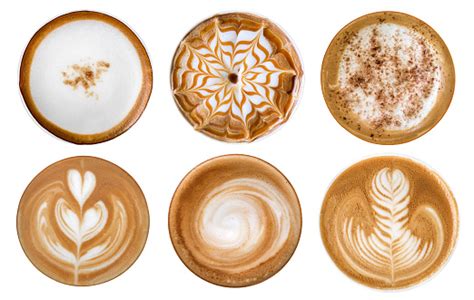 뜨거운 커피 카푸치노 라 떼 아트 거품의 상위 뷰 설정에 고립 된 흰색 배경 갈색에 대한 스톡 사진 및 기타 이미지 갈색 개체 그룹 계피 Istock