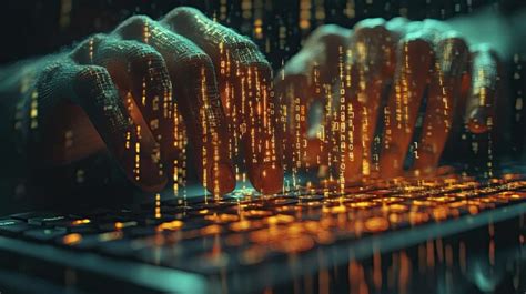 11 A Person Typing With Binary Code Streaming From Their Fingers Merging With The Keyboard In A