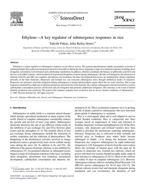 Pdf Ethylene—a Key Regulator Of Submergence Responses In Rice