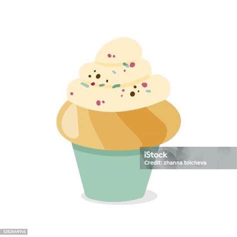 크림과 귀여운 머핀 흰색 배경에 컵 케이크 아이콘의 벡터 그림 바닐라 양념류에 대한 스톡 벡터 아트 및 기타 이미지 바닐라