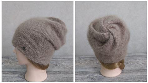 Двойная шапка бини спицами из пуха норки с перекрученной макушкой в 2025 г Выкройка шляпы