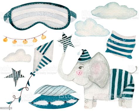 코끼리 구름 연 베개 흰색 배경에 격리된 수면 마스크가 있는 수채화 유치한 세트 어린이 신생아 등을위한 다양한 제품의 요소 코끼리에 대한 스톡 벡터 아트 및 기타 이미지