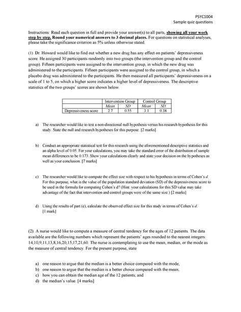 psyc1004 sample quiz questions psyc sample quiz questions instructions read each question in