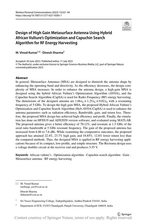 Design Of High Gain Metasurface Antenna Using Hybrid African Vultures Optimization And Capuchin