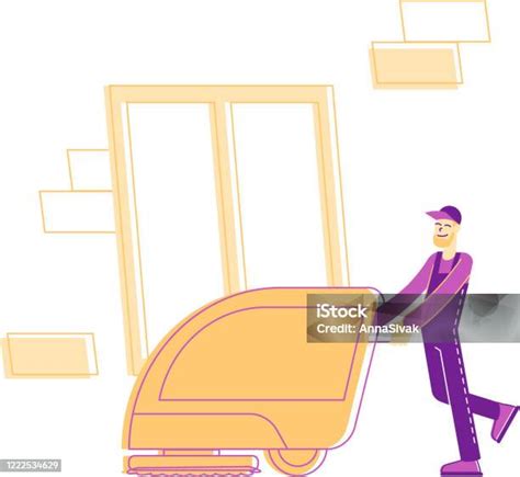 사무실 이나 호텔 로비에서 전문 관리인 노동자 진공 청소기 및 연마 바닥 청소 회사 직원 남성 캐릭터 에서 균일 한 작업 장비