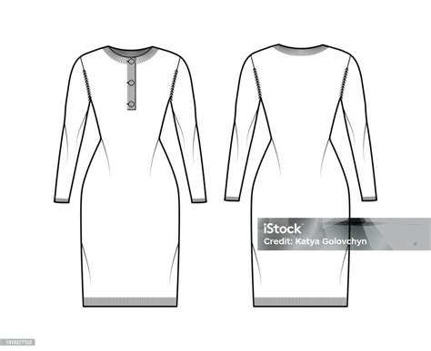 드레스 스웨터 헨리 넥 기술 패션 일러스트와 긴 소매 슬림 핏 무릎 길이 리브 니트 트림 플랫 0명에 대한 스톡 벡터 아트 및