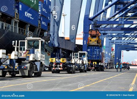 Container Loading And Unloading Activities At Tanjung Priok Port Jakarta Indonesia Editorial