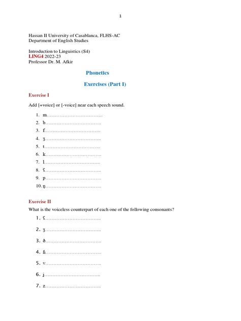 Phonetics Exercises Part I Pdf Linguistics Human Voice