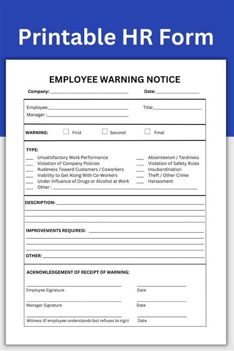 printable employee warning notice form