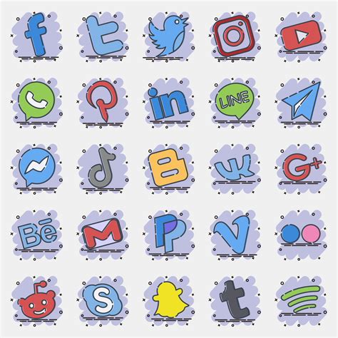 Icon Set Social Media Elements Logos And Symbol Icons In Comic Style
