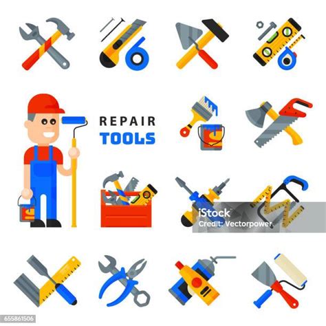 건설 장비를 작동 하는 집 수리 도구 아이콘 설정 및 서비스 노동자 Macter 남자 문자 평면 스타일 흰색 배경 벡터 일러스트 레이 션에 고립 Sport Set에 대한