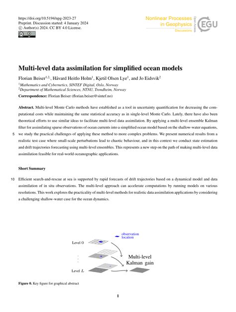 Pdf Multi Level Data Assimilation For Simplified Ocean Models