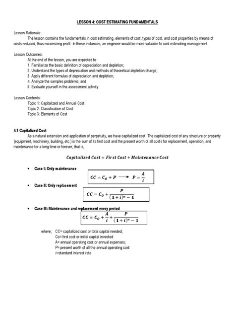 Lesson 4 Cost Estimating Fundamentals Pdf Depreciation Cost