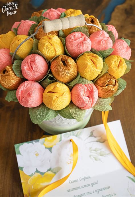 Annas Chocolate Flowers Разкошен слънчев букет с шоколадови трюфели в жълто жив корал и