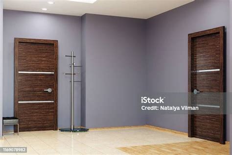현대 복도 인테리어 나무 문과 세련된 강철 옷걸이 3d 렌더링 0명에 대한 스톡 사진 및 기타 이미지 0명 3차원 형태 가구 Istock