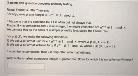 solved 1 point this question concerns primality testing