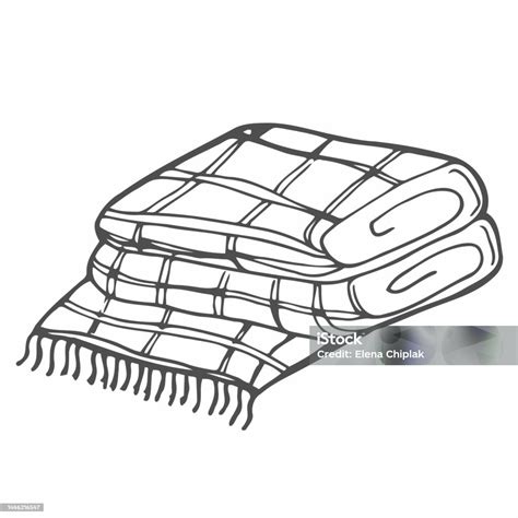 접힌 격자 무늬 담요 표지 윤곽선이 있는 디자인 요소 아늑한 겨울 가을의 테마 낙서 손으로 그린 컬러 벡터 그림입니다 흰색