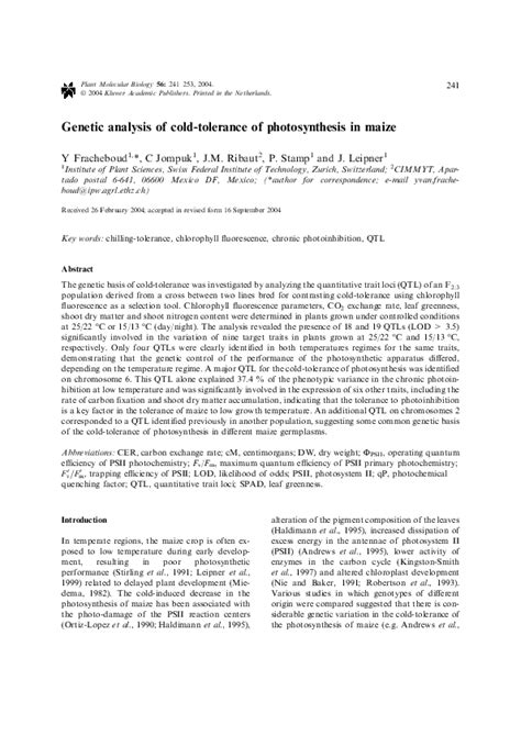 Pdf Genetic Analysis Of Cold Tolerance Of Photosynthesis In Maize
