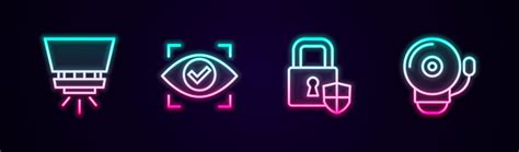 세트 라인 화재 스프링클러 시스템 눈 스캔 잠금 및 울리는 알람 벨쉴드 빛나는 네온 아이콘 벡터 건강관리와 의술에 대한 스톡 벡터 아트 및 기타 이미지 Istock