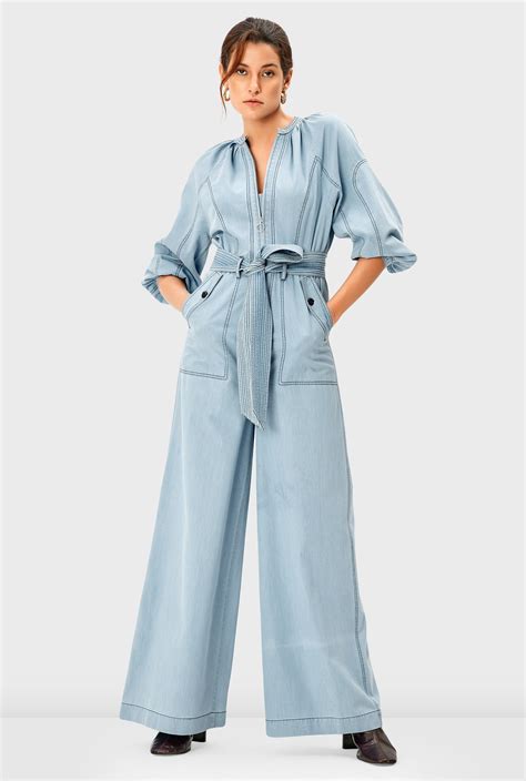 Shop Zip Front Cotton Denim Palazzo Jumpsuit Eshakti