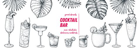 알코올 칵테일 손으로 그린 벡터 일러스트레이션 손으로 그린 스케치 칵테일과 야자수 잎 세트 메뉴 디자인 요소입니다 여름 바 메뉴