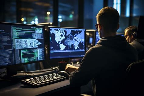 Software Developer And A Man At Computer For Coding Script Or Cyber