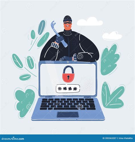 Vector Illustration Of Hacker Thief Stealing Data Passwords From Laptop Screen Stock Vector