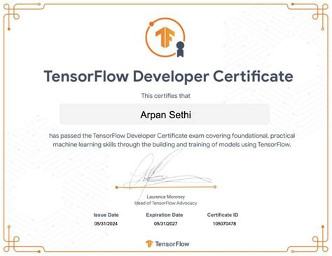 Passed Tensorflow Developer Certificate Arpan Sethi Posted On The