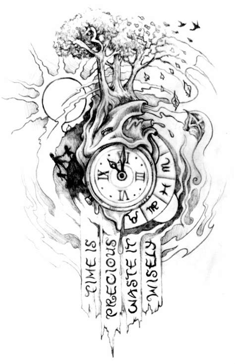 Unique Tree Tattoo With Clock Design