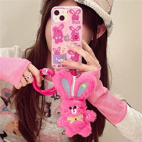 토끼 인형 키링 스트랩 세트 반투명 홀로그램 실리콘 범퍼 아이폰15 아이폰14 아이폰13 아이폰12 아이폰11 프로 맥스 귀여운 디자인 케이스 에이블리