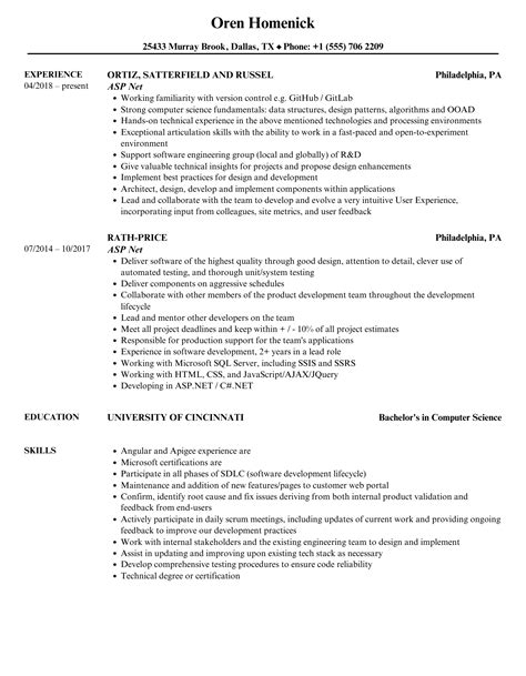 Asp Net Resume Samples Velvet Jobs