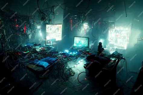 Premium Photo Messy Cyberpunk Hacker Hideoutwith Cyan Christmas Lights Neural Network