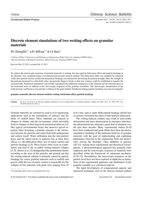Pdf Discrete Element Simulations Of Two Wetting Effects On Granular Materials
