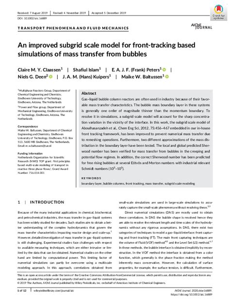 Pdf An Improved Subgrid Scale Model For Front‐tracking Based Simulations Of Mass Transfer From
