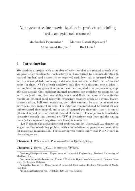 Pdf Net Present Value Maximization In Project Scheduling With An External Resource