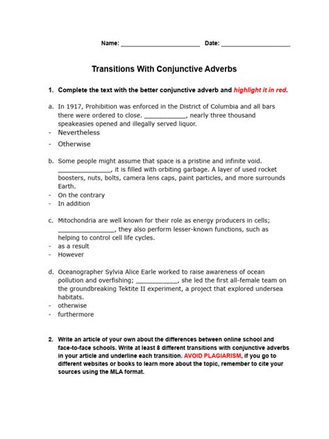 Assignment Transitions With Conjunctive Adverbs Pdf