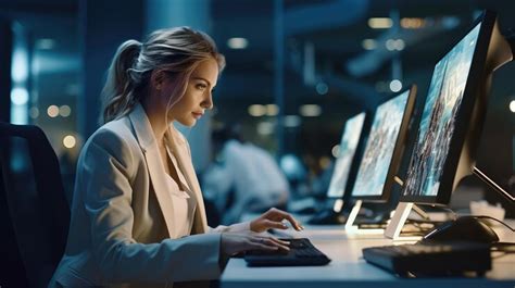 Premium Ai Image Futuristic And Programmer Female Working On Desktop Computer In Data Center
